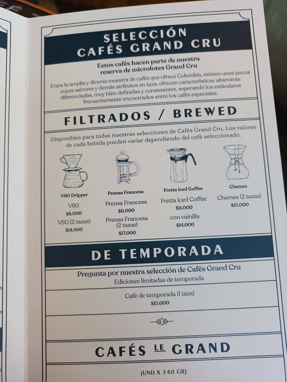 Carta del restaurante Le Grand Bogotá, Bogotá