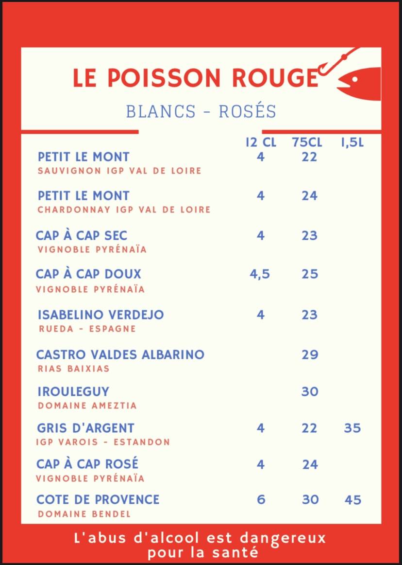Menu at Le Poisson Rouge restaurant, Bidart