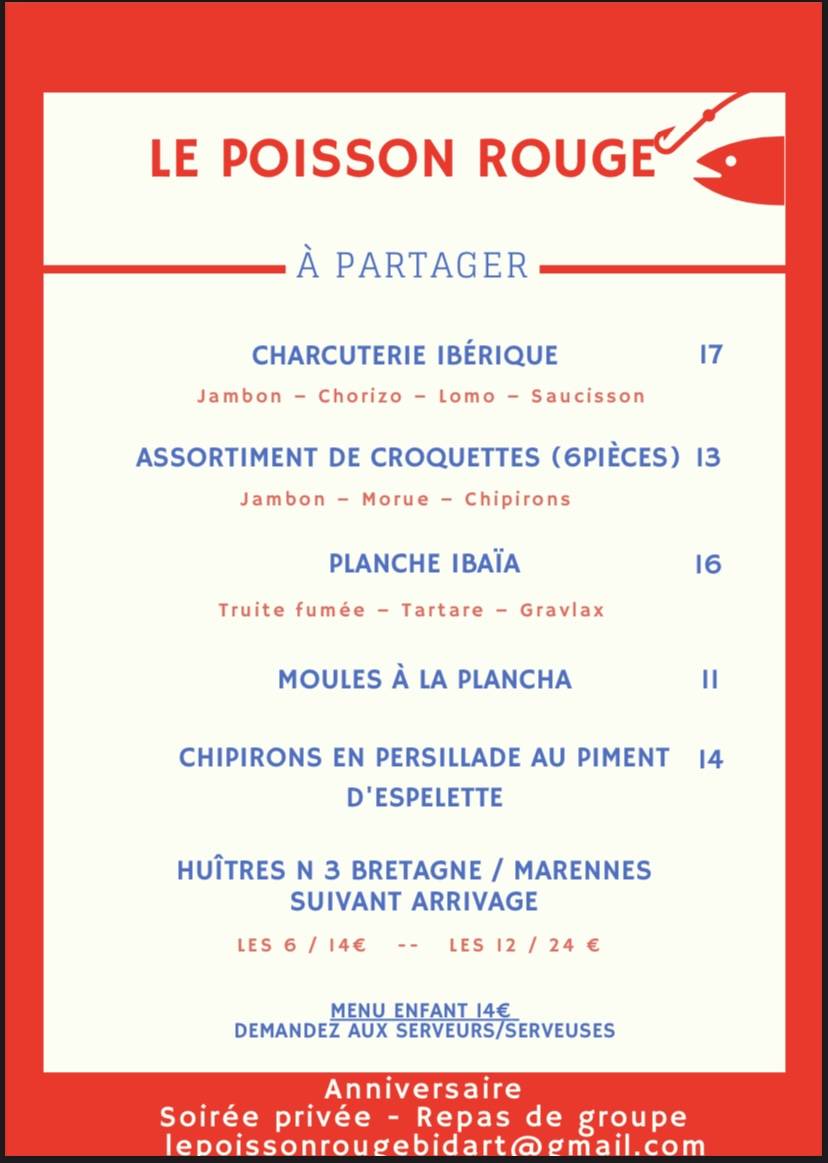 Menu at Le Poisson Rouge restaurant, Bidart