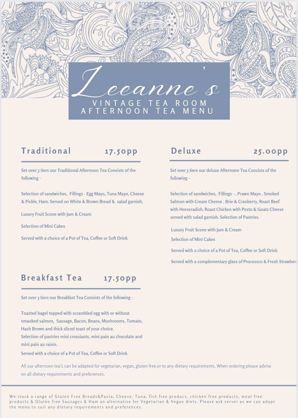 Menu at Leeanne's Vintage Tea Room cafe, Altrincham