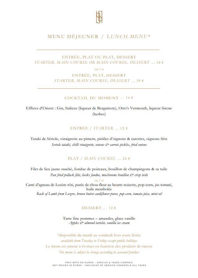 Carta del restaurante Les Parisiens, Paris