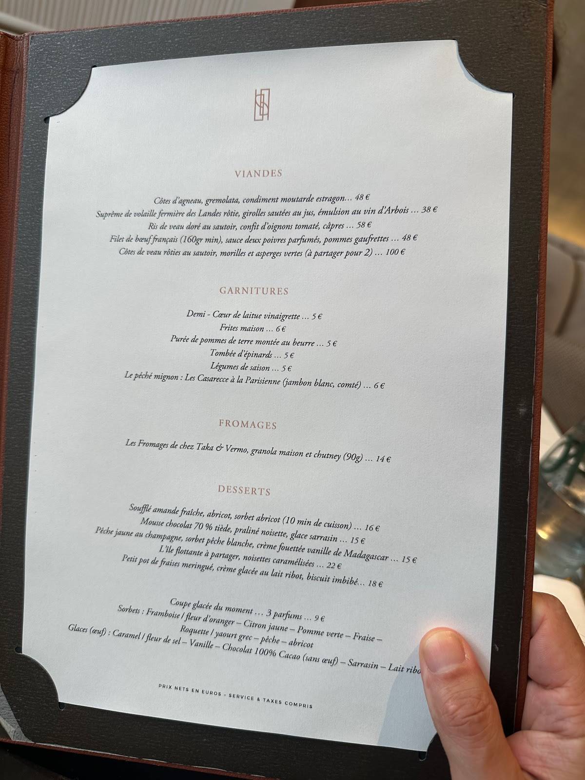 Carta del restaurante Les Parisiens, Paris