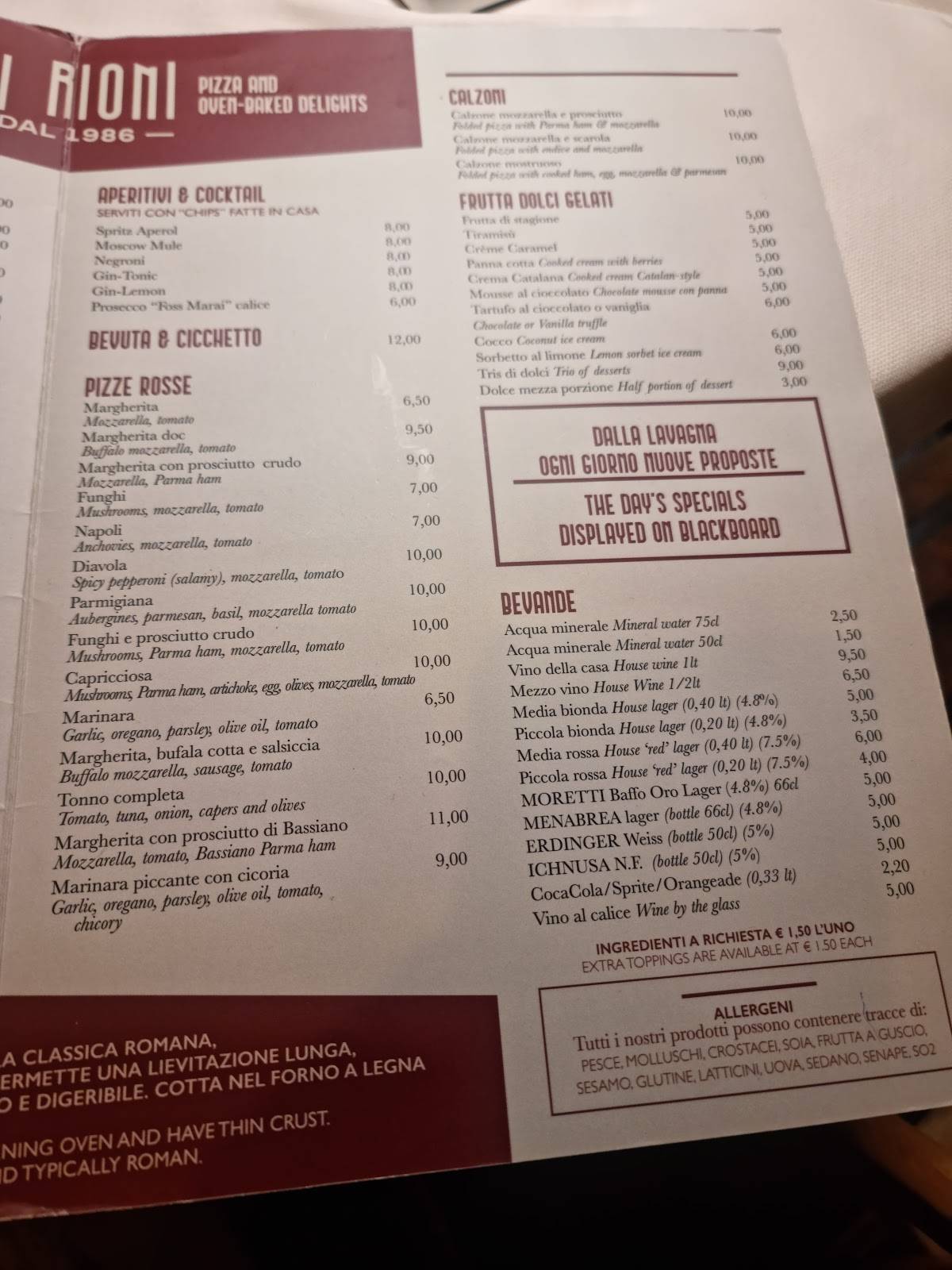 Menu at Li Rioni a Santiquattro pizzeria, Rome, Via dei SS. Quattro