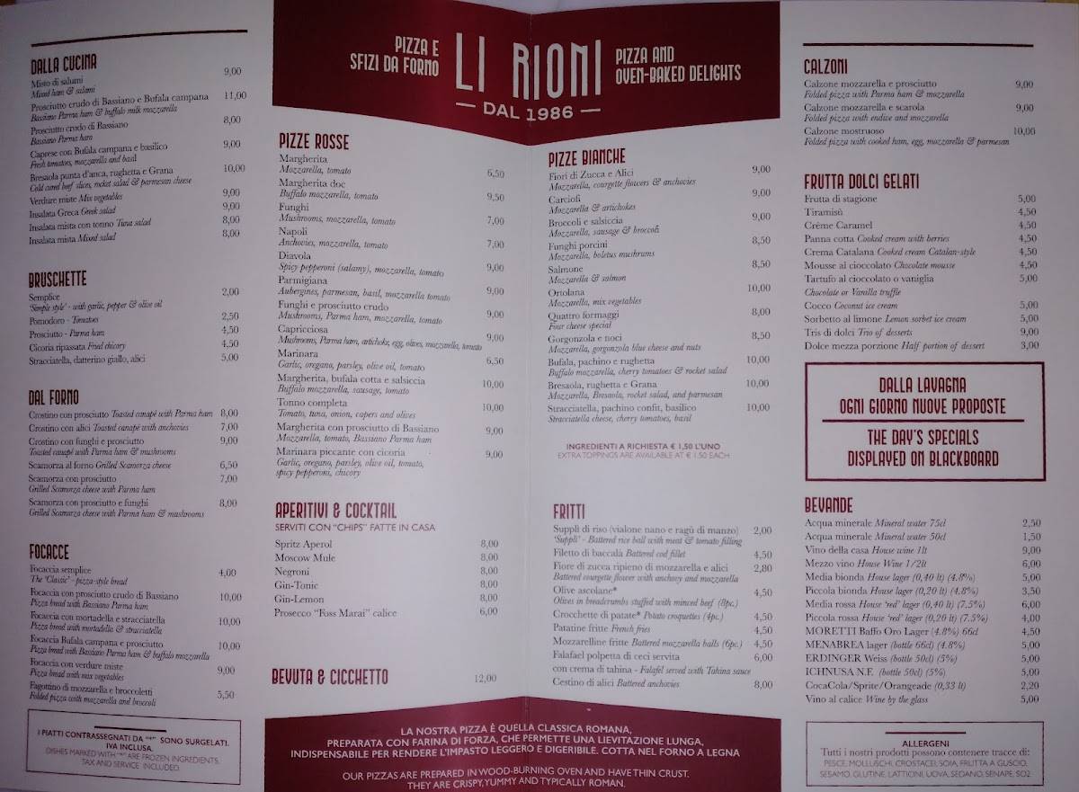 Menu at Li Rioni a Santiquattro pizzeria, Rome, Via dei SS. Quattro
