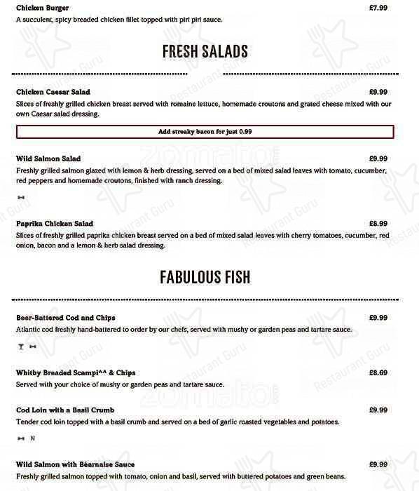 Menu at Liberty Bell Beefeater restaurant, Romford, Mercury Gardens