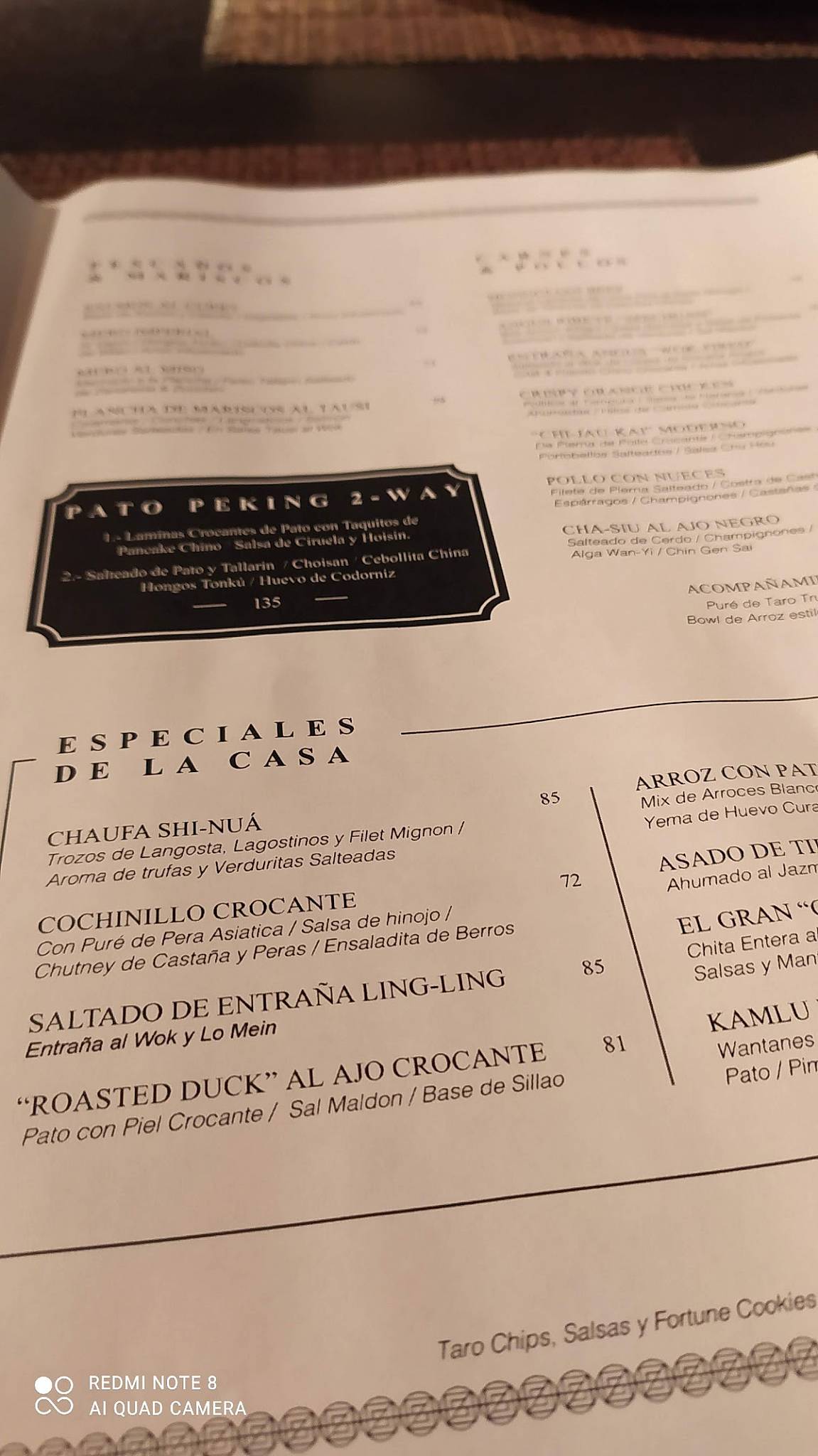 Carta del restaurante Shi-Nua, Lima
