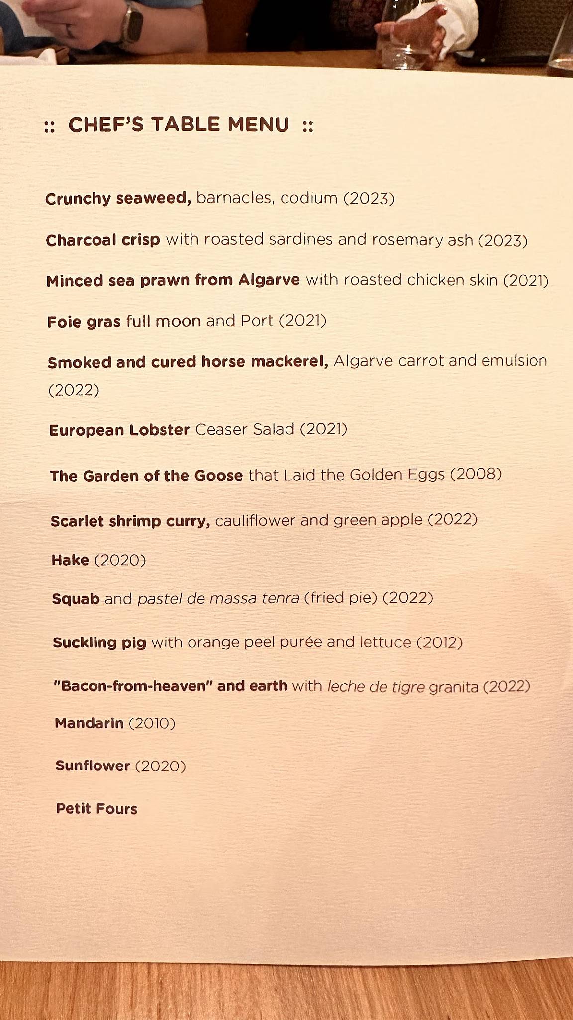 Menu at Belcanto restaurant, Lisbon, R. Serpa Pinto 10A