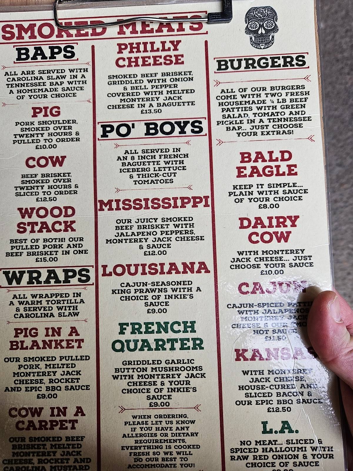 Menu at Inkie's Smokehouse restaurant, Liskeard