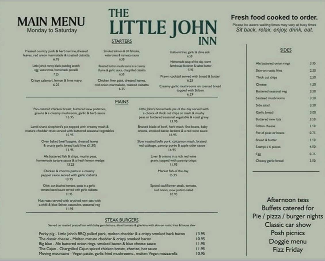 Menu at Little John Inn pub & bar, Ravenshead