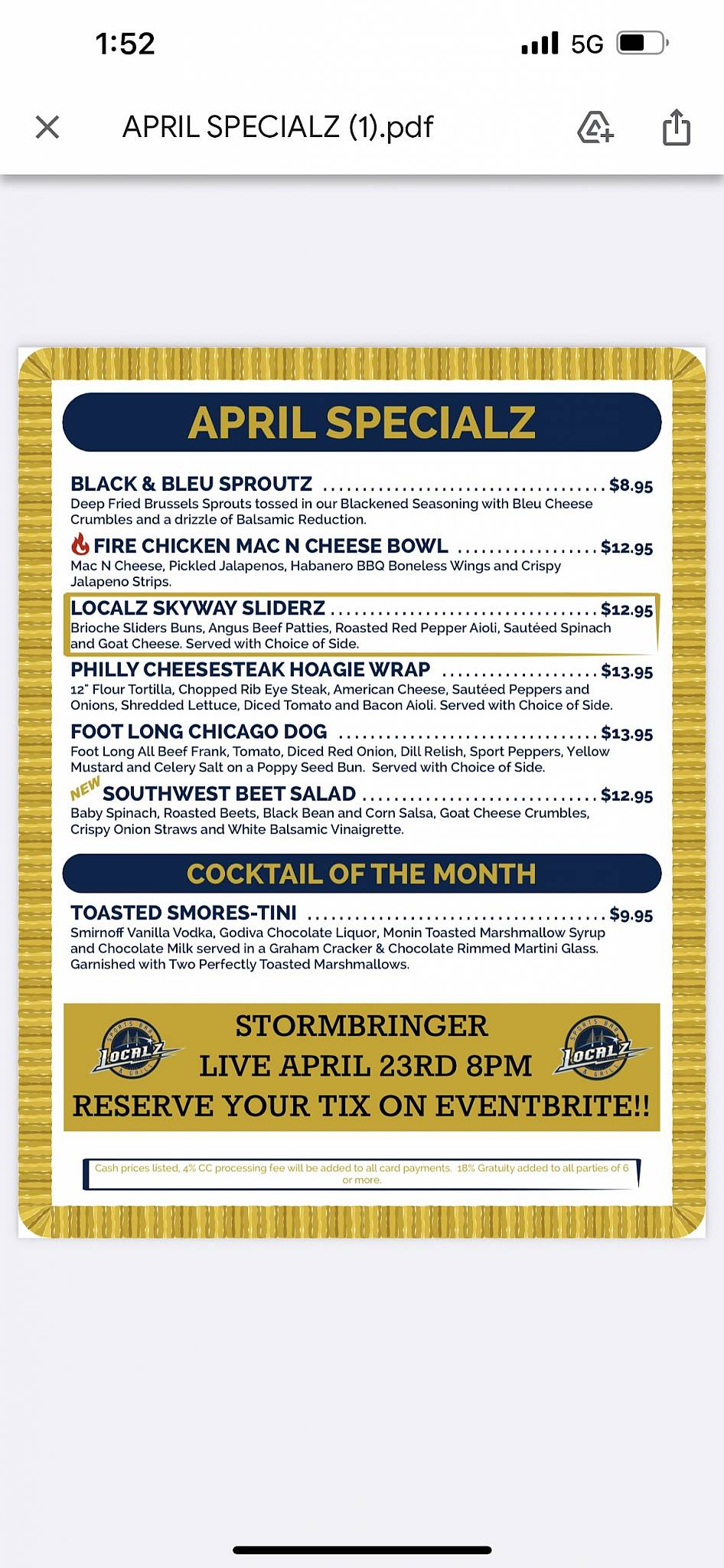 Menu at Localz Sports Bar & Grill Largo, Largo