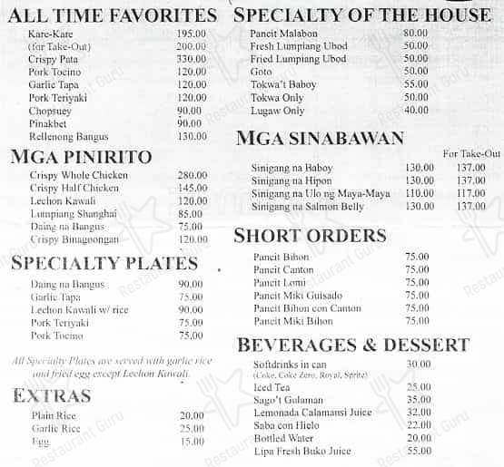 Menu at Lola Idang's Bahay Pancitan restaurant, Parañaque, Doña Soledad ...