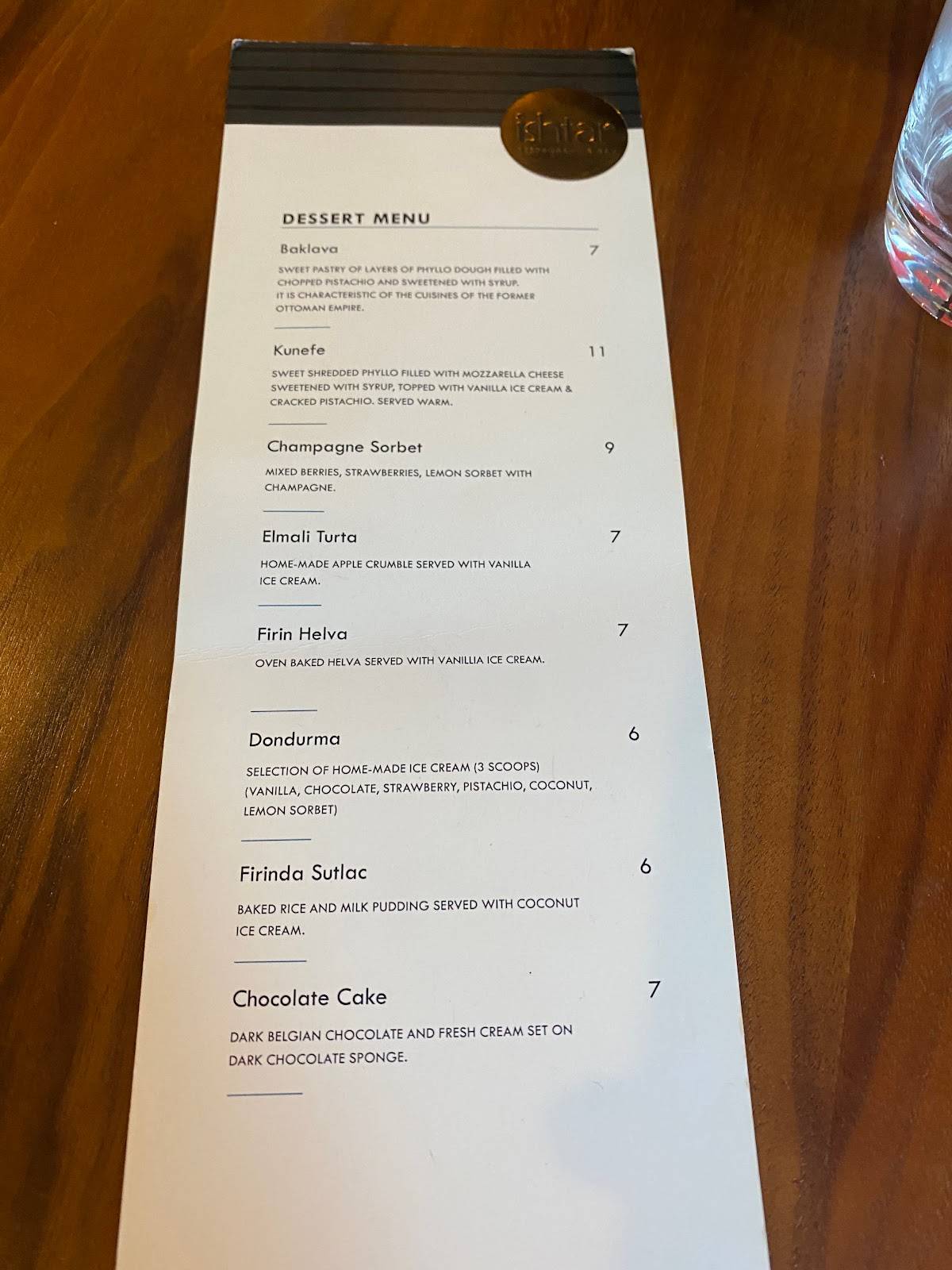 Menu at Ishtar restaurant, London, 10-12 Crawford St