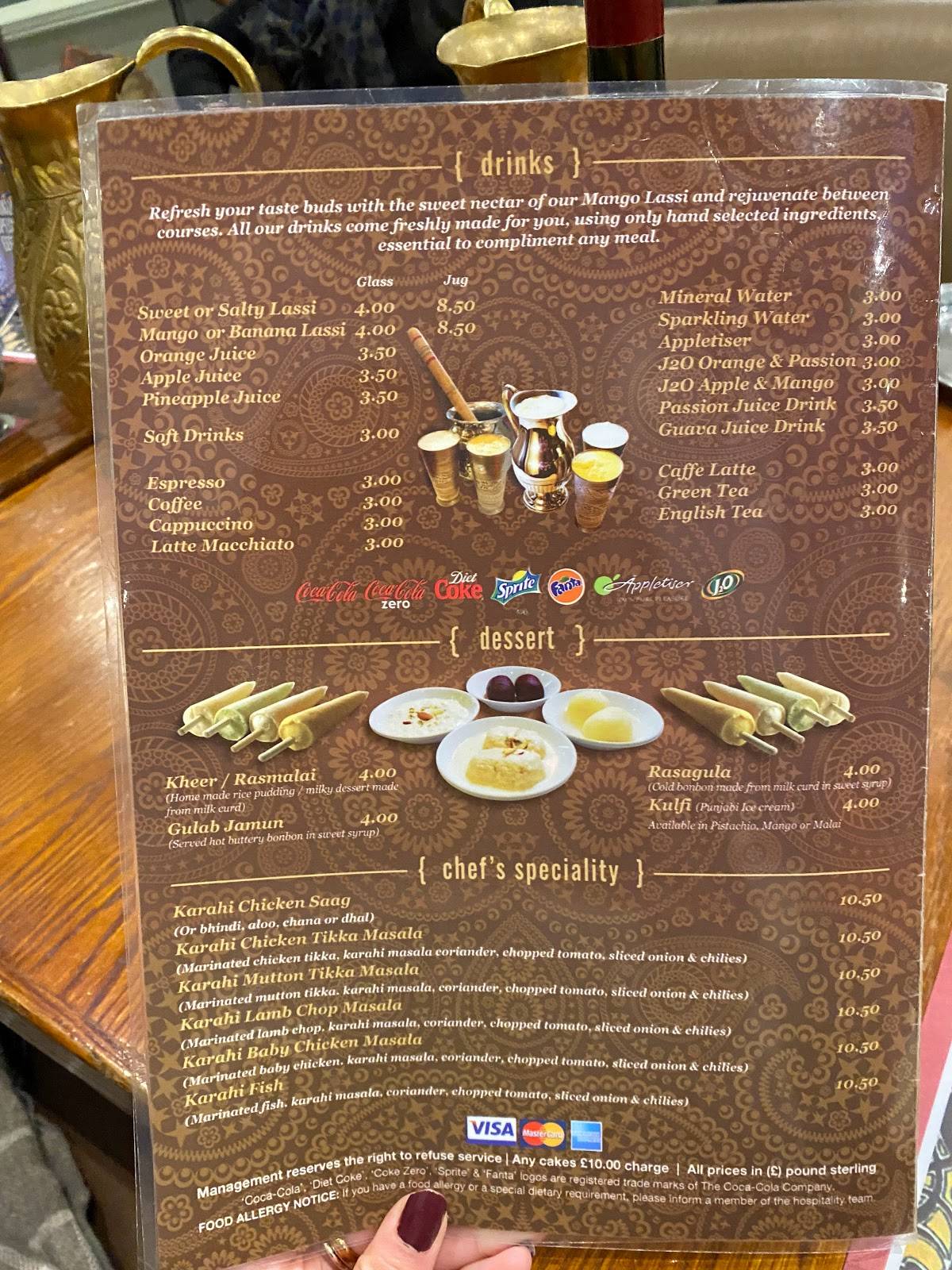 Menu at Tayyabs restaurant, London, 83-89 Fieldgate St