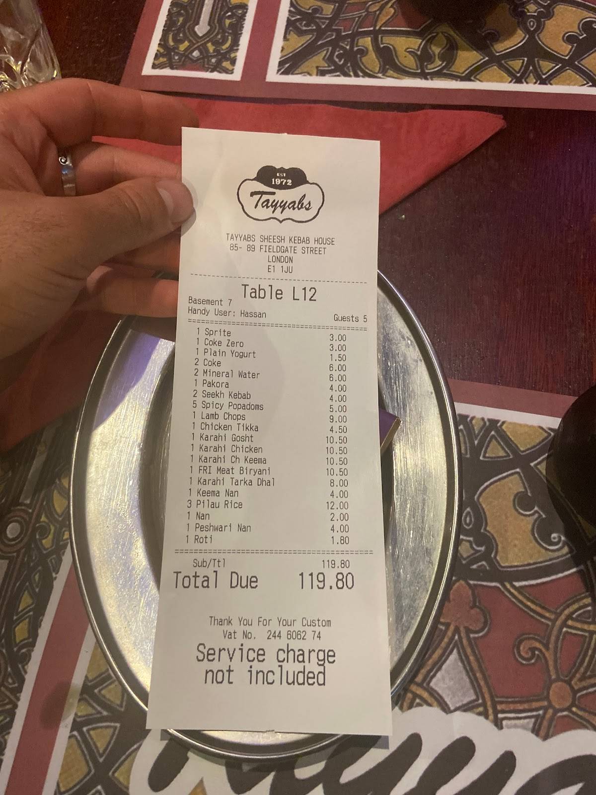 Menu at Tayyabs restaurant, London, 83-89 Fieldgate St