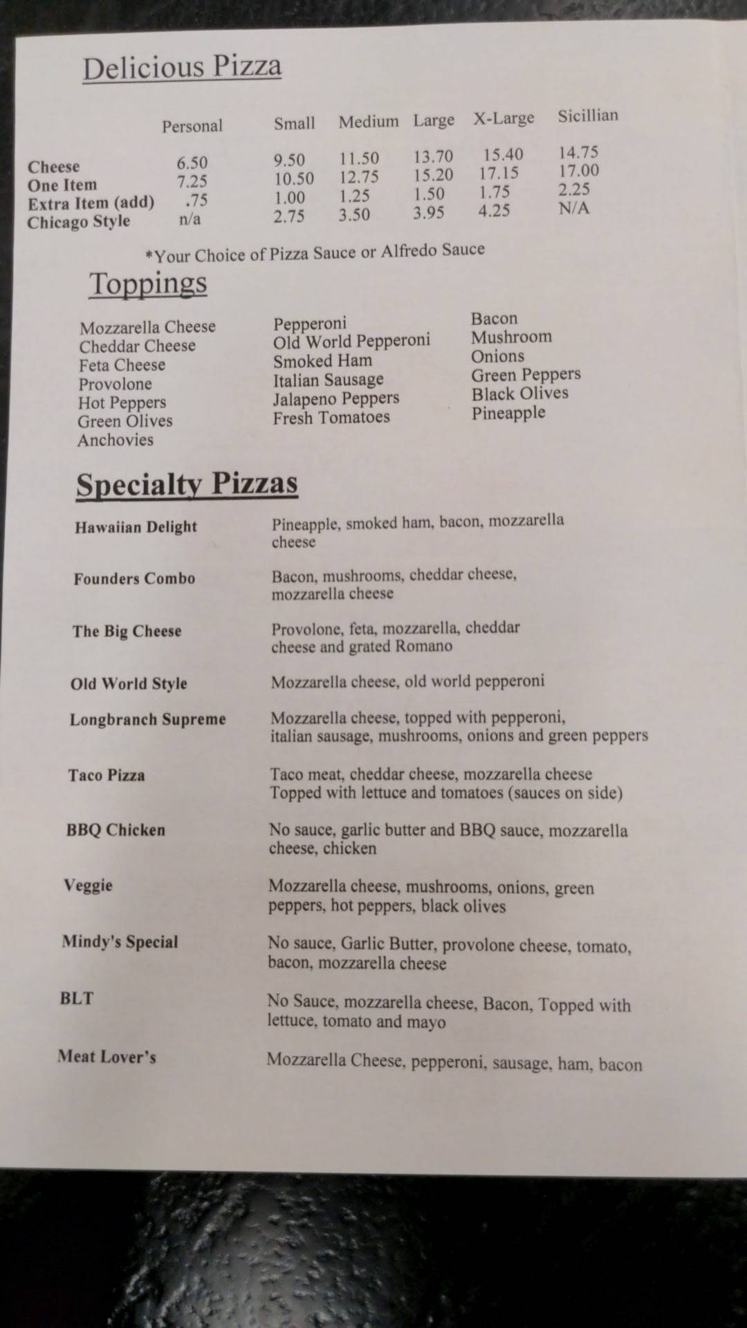 Menu at Long Branch Pizza pizzeria, Ashley