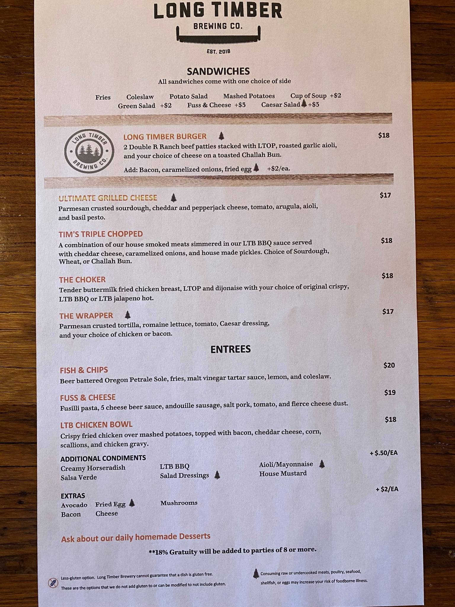 Menu at Long Timber Brewing pub & bar, Monroe