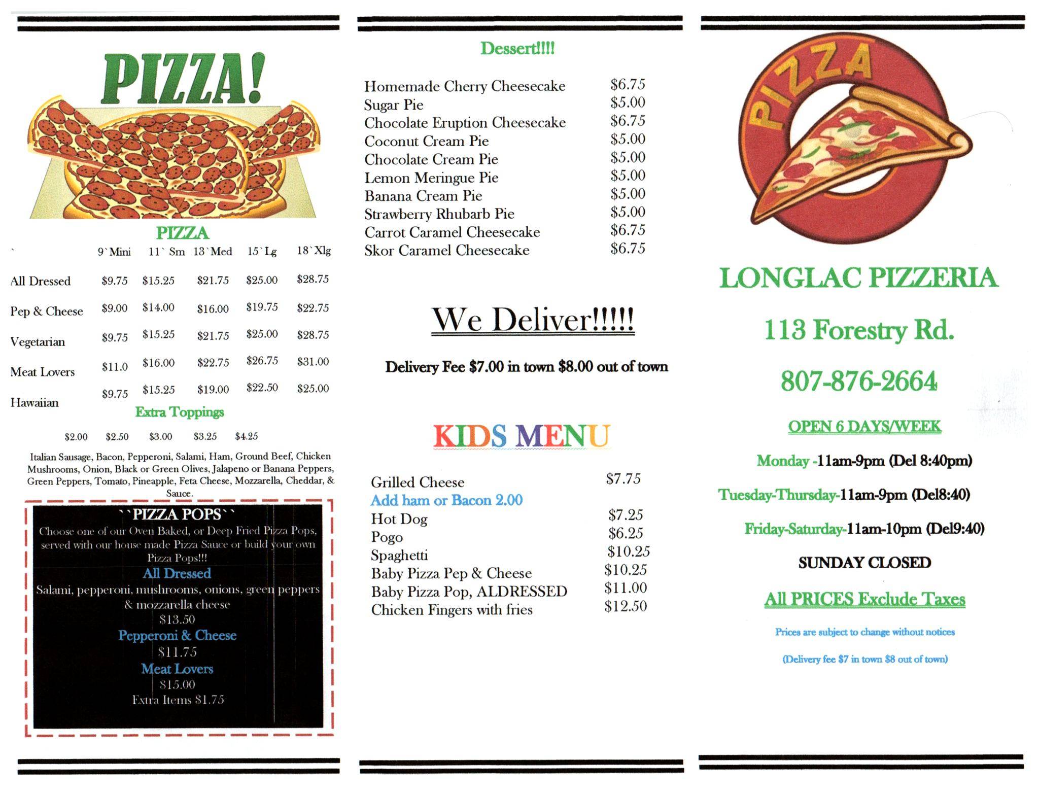 Menu at Longlac Pizzeria, Longlac