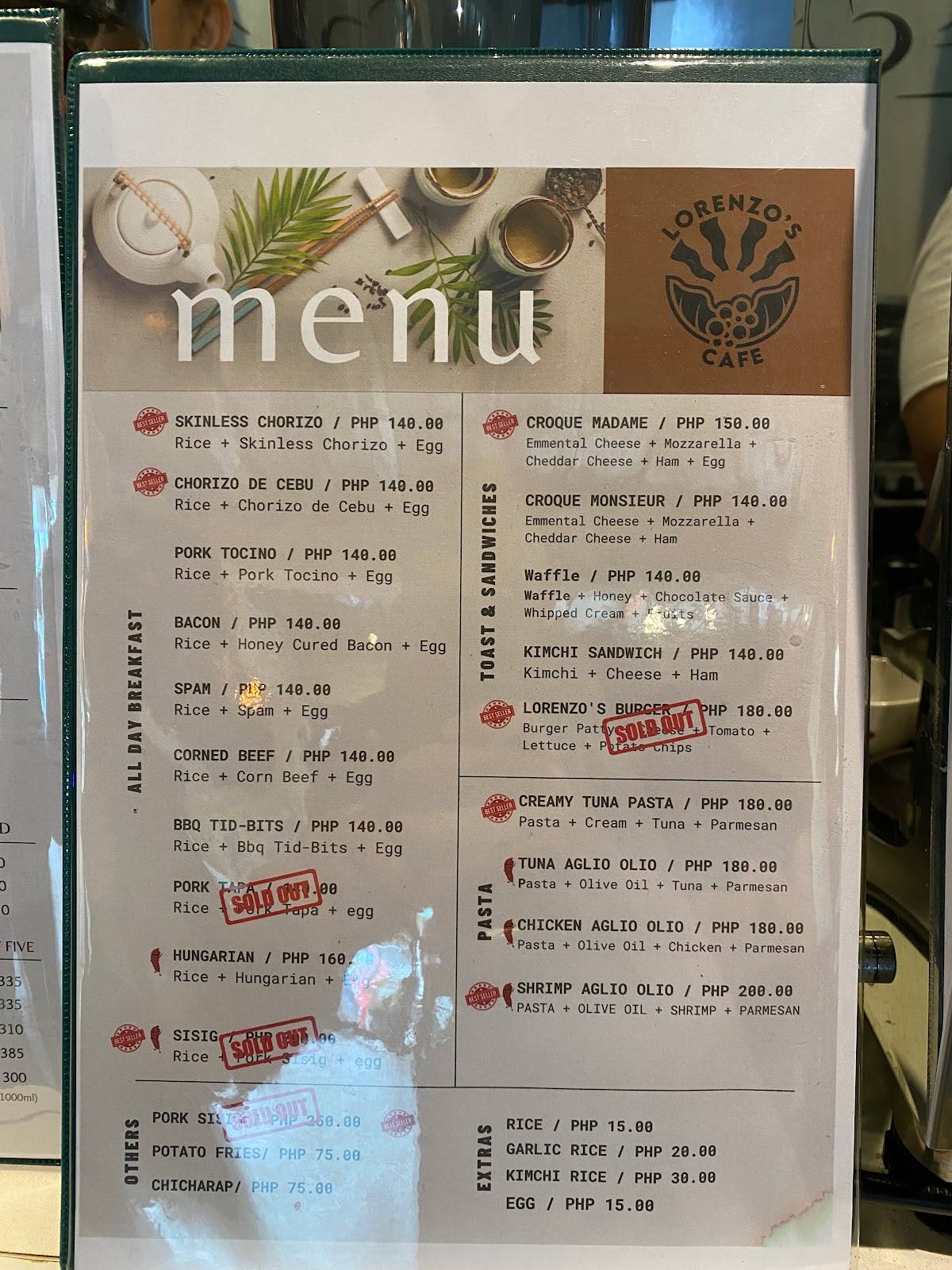 Menu at Lorenzo's Cafe, Cebu City