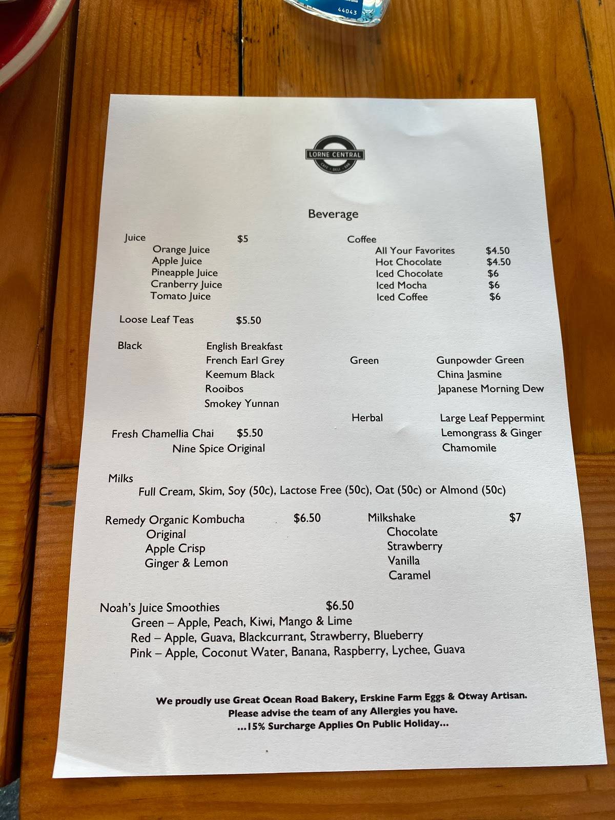 Menu at Lorne Central pub & bar, Lorne