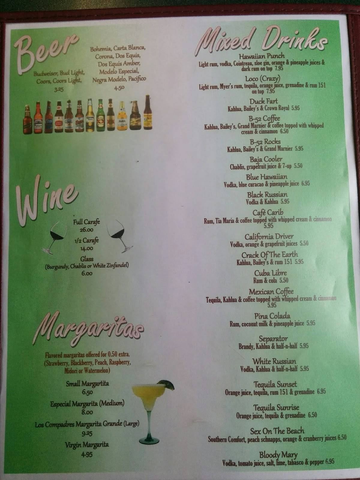 Menu at Los Compadres Taqueria restaurant, Florence