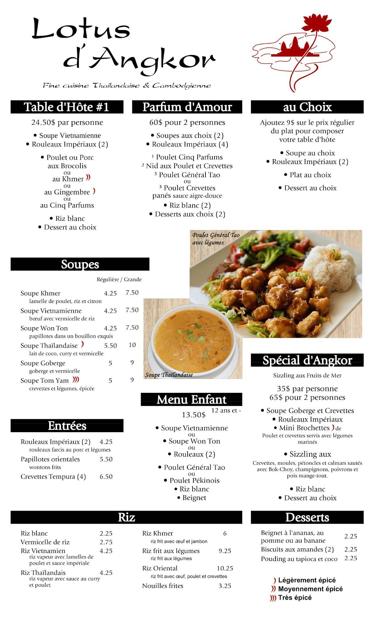 Menu au Lotus D'Angkor restaurant, Québec