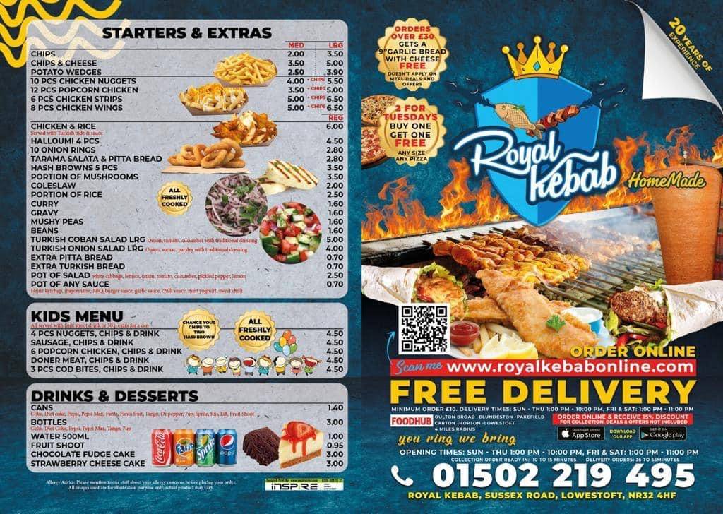 Menu at Royal Kebab, Lowestoft