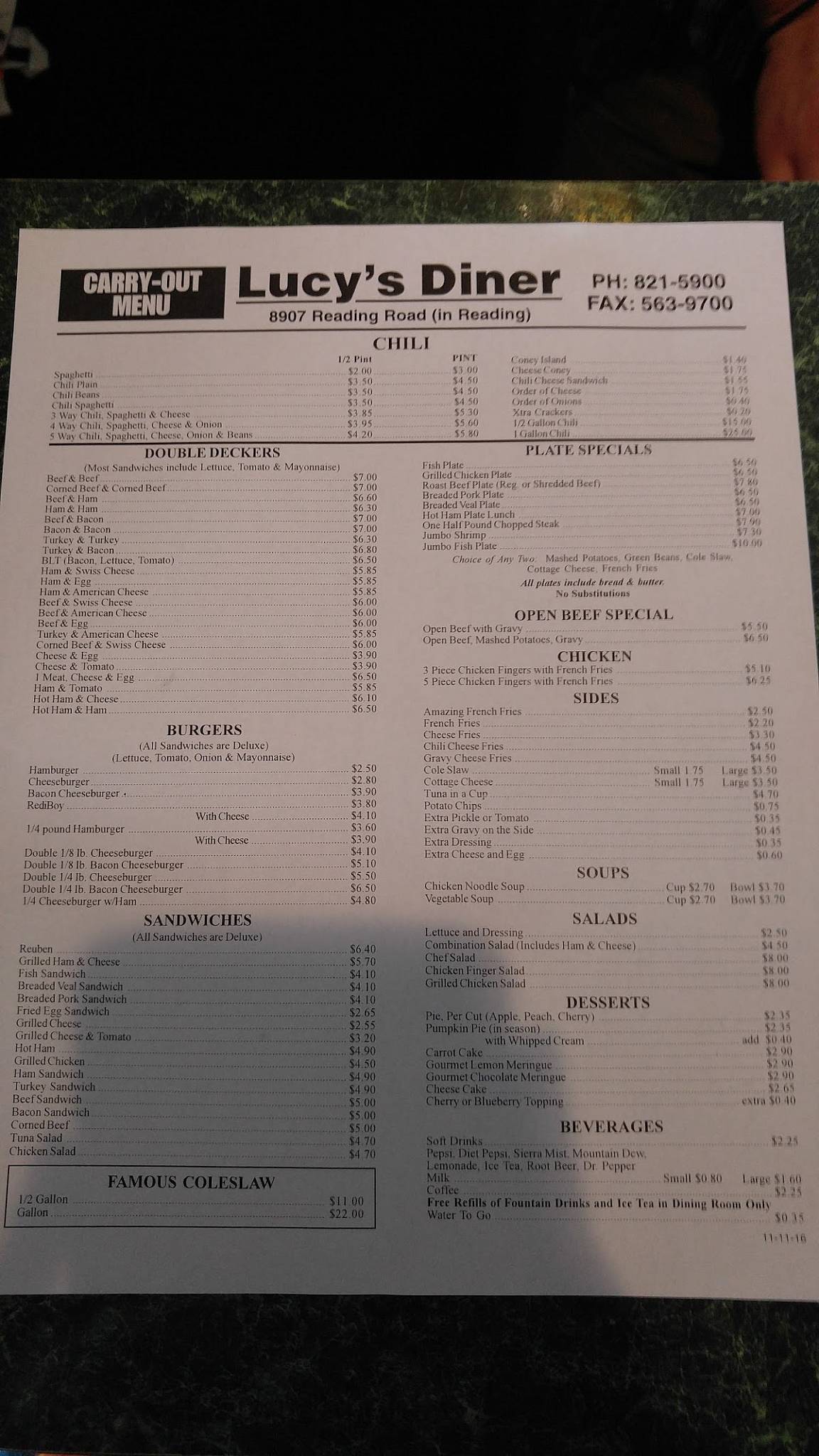 Menu at Lucy's Diner cafe, Cincinnati