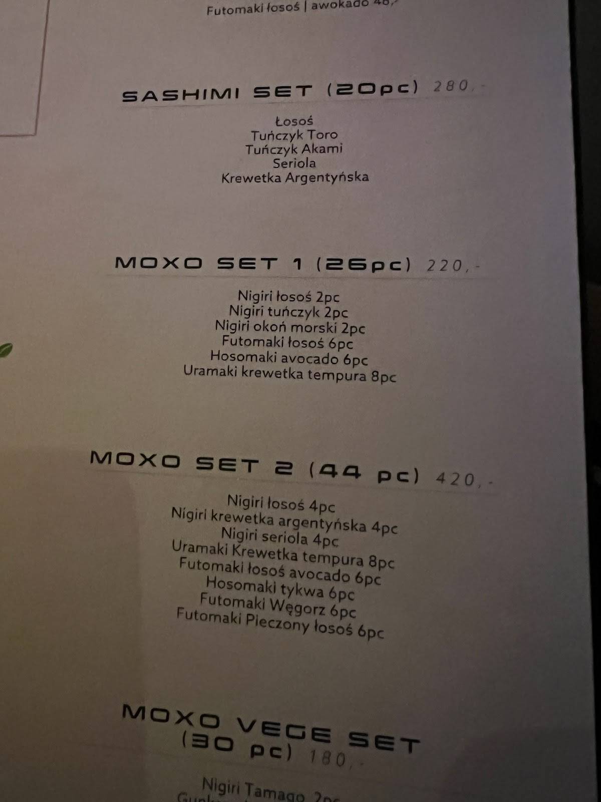 Menu at MOXO Restaurant & Club, Warsaw