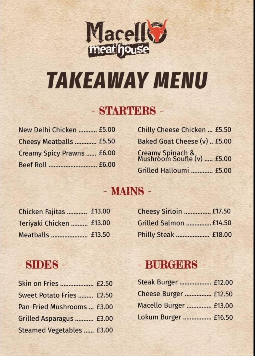Menu at Macello Meathouse steakhouse, Liverpool