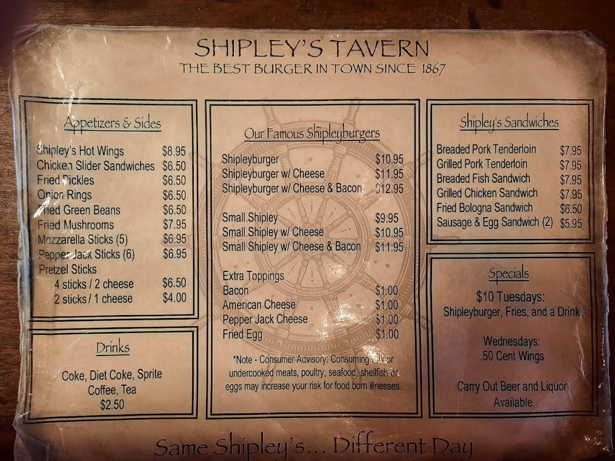 Menu at Shipley's Tavern pub & bar, Madison