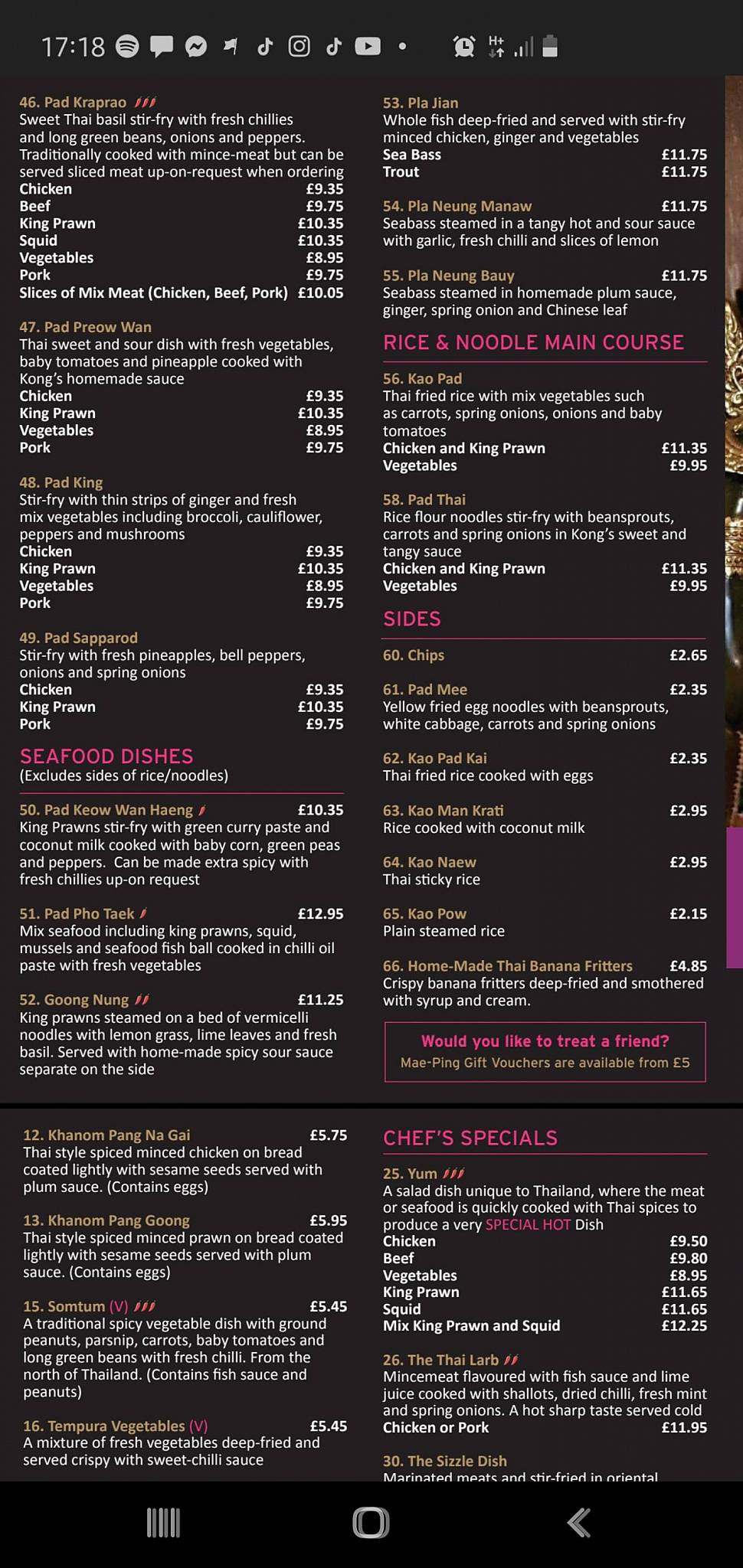 Menu at Mae Ping Thai Dining restaurant, Perth