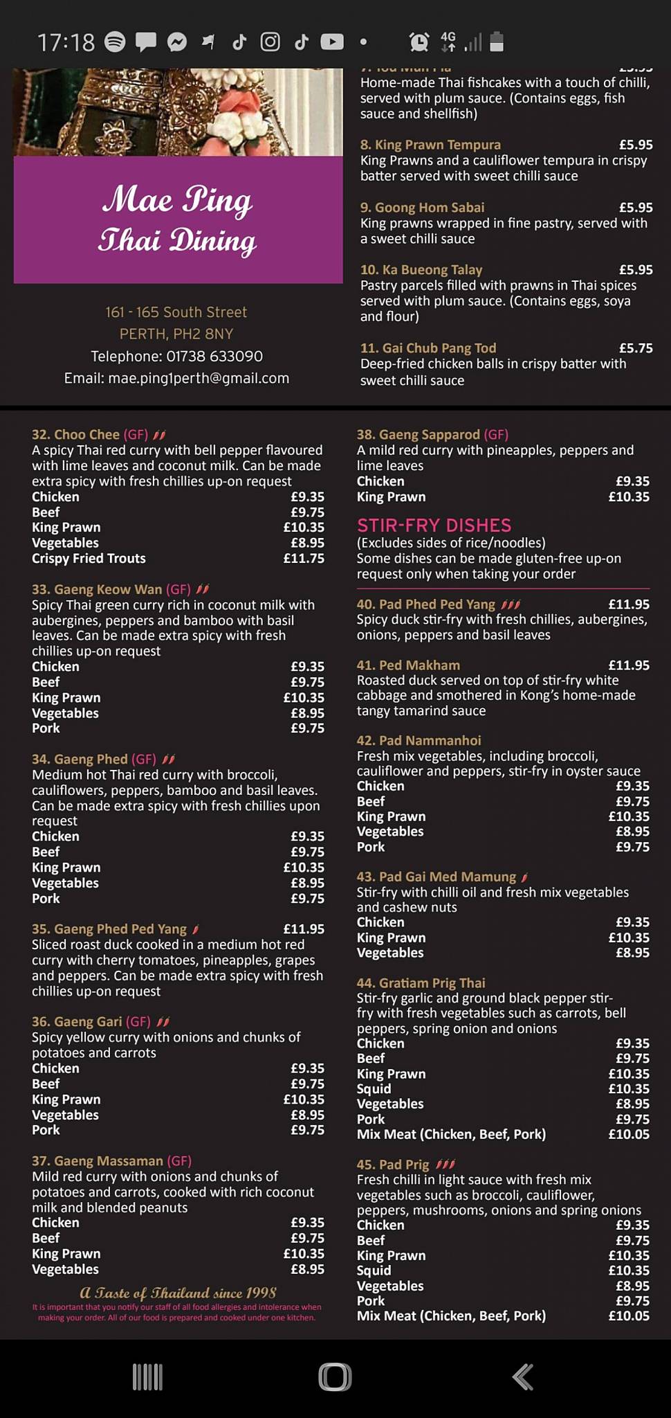Menu at Mae Ping Thai Dining restaurant, Perth