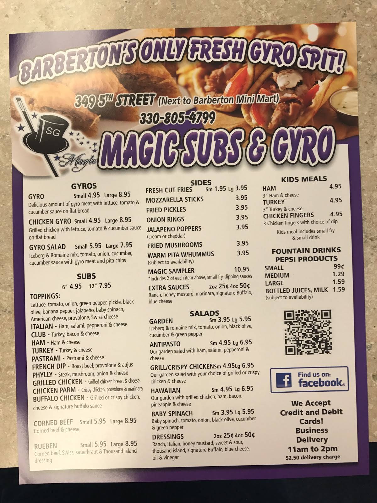 Menu at Magic subs and gyros fast food, Barberton