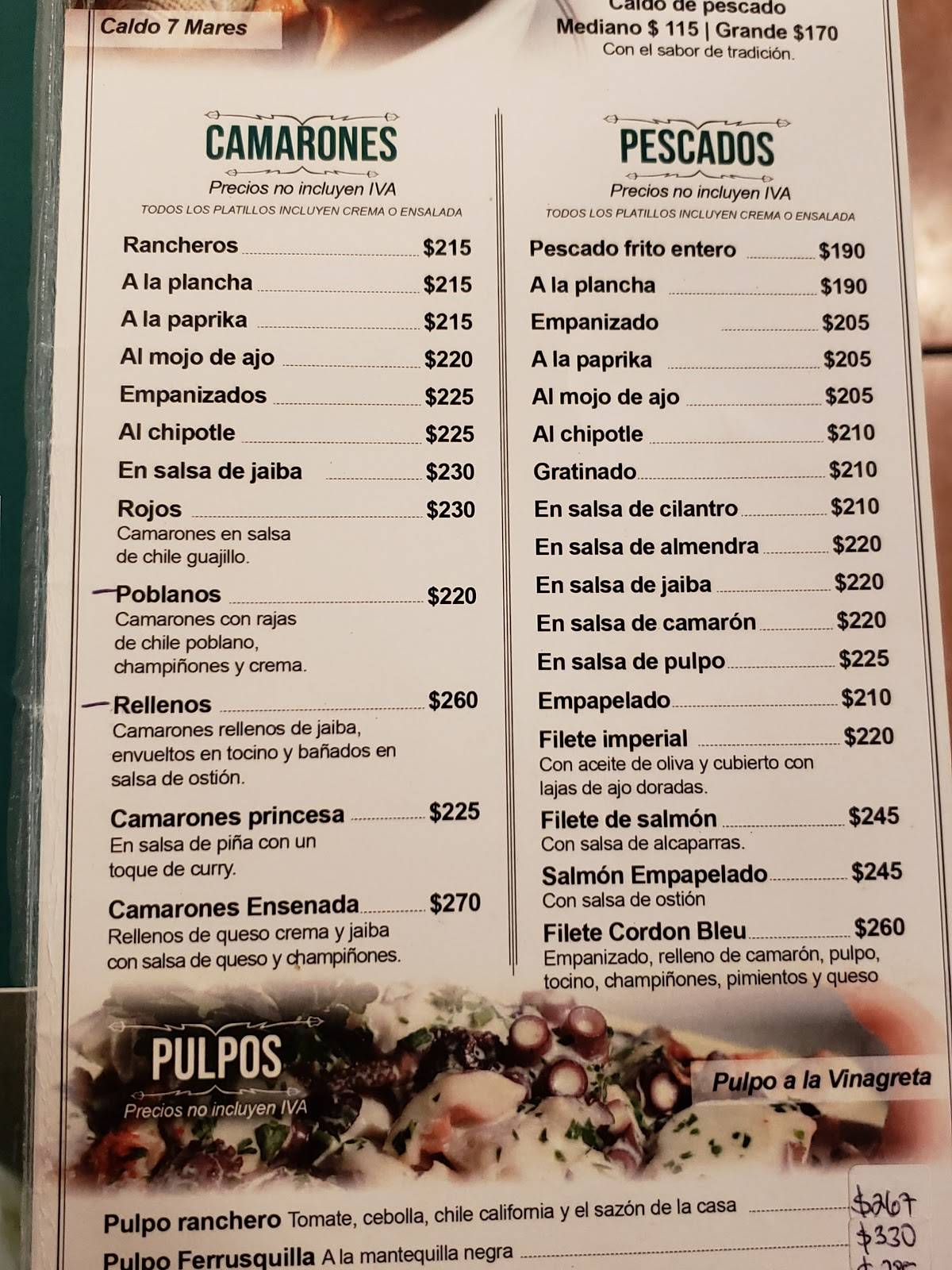 Menu at Mahi Mahi restaurant, Ensenada, P.º Miguel Hidalgo y Costilla 33
