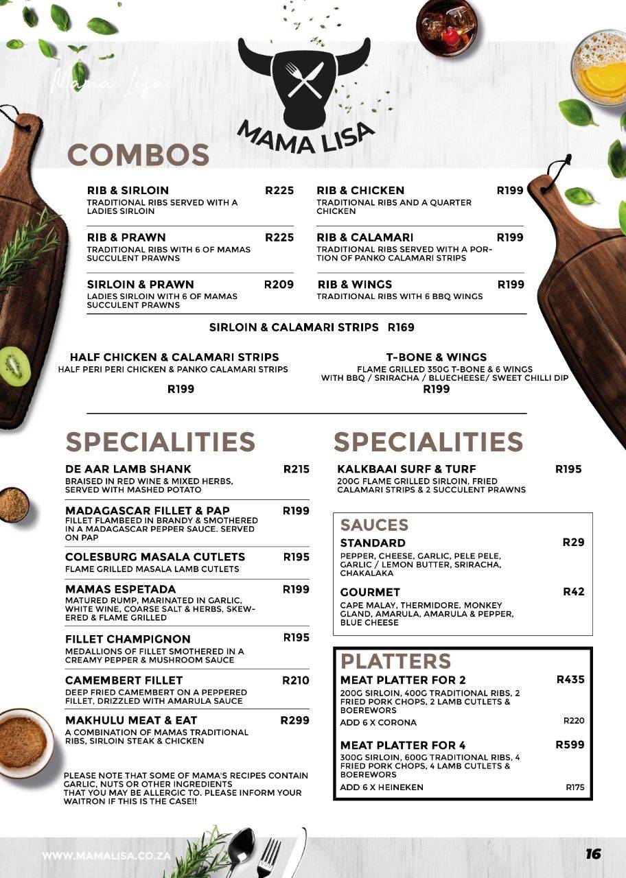 Menu at Mama Lisa restaurant, Emalahleni