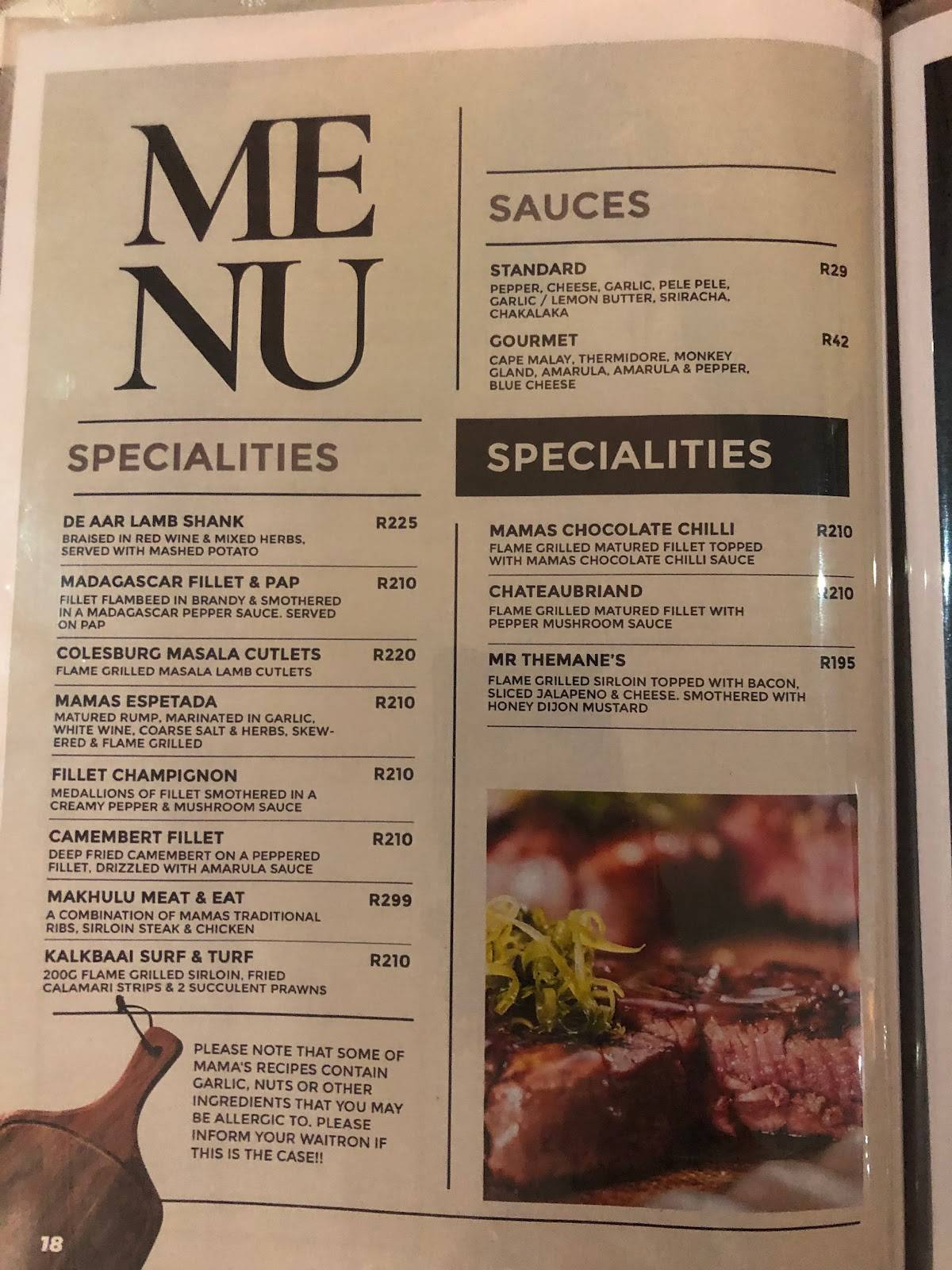 Menu at Mama Lisa restaurant, Emalahleni