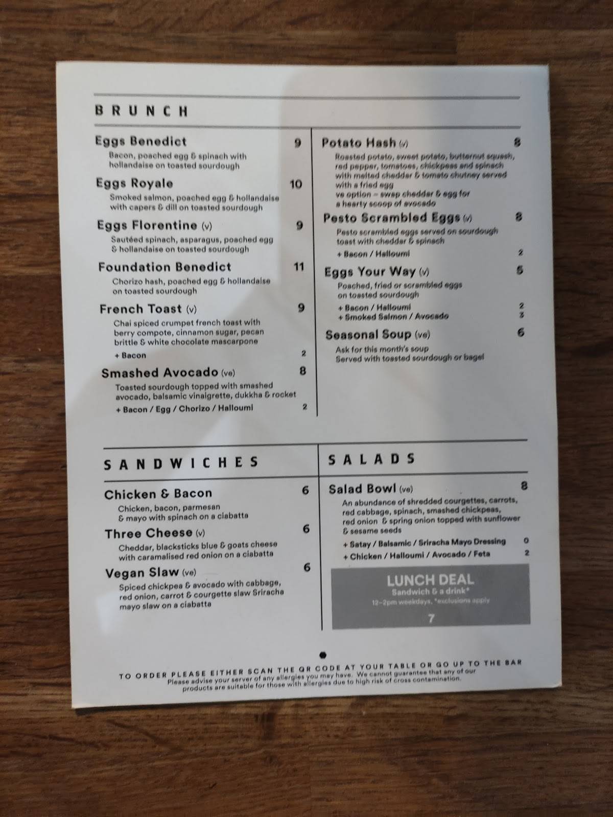 Menu at Foundation Coffee House, Manchester, Sevendale House
