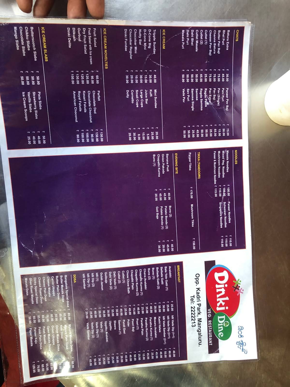 Menu at Dinki Dine Veg Restaurant, Mangaluru, Kadri Park Rd