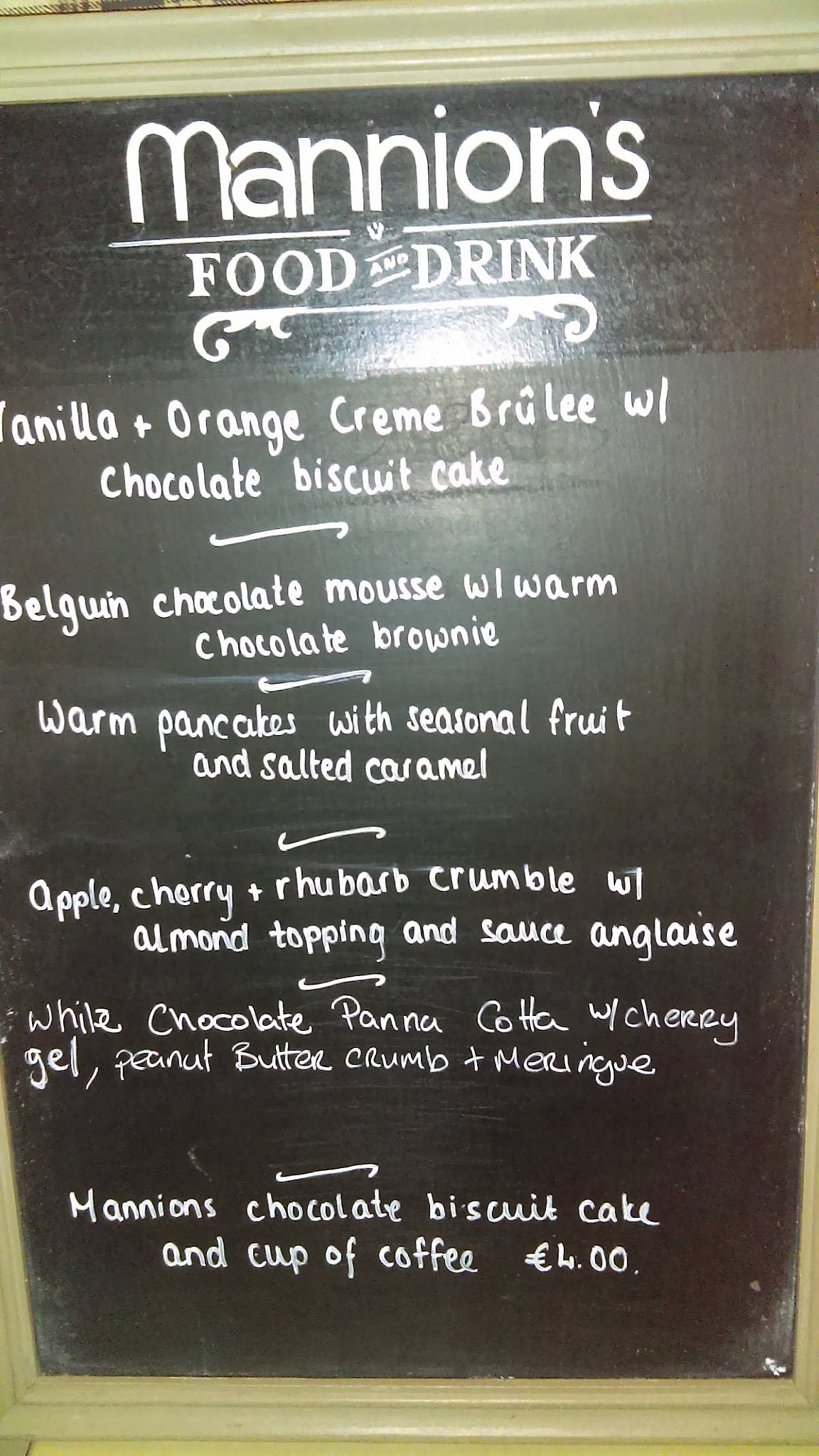 Menu at Mannion's Pub, New Ross