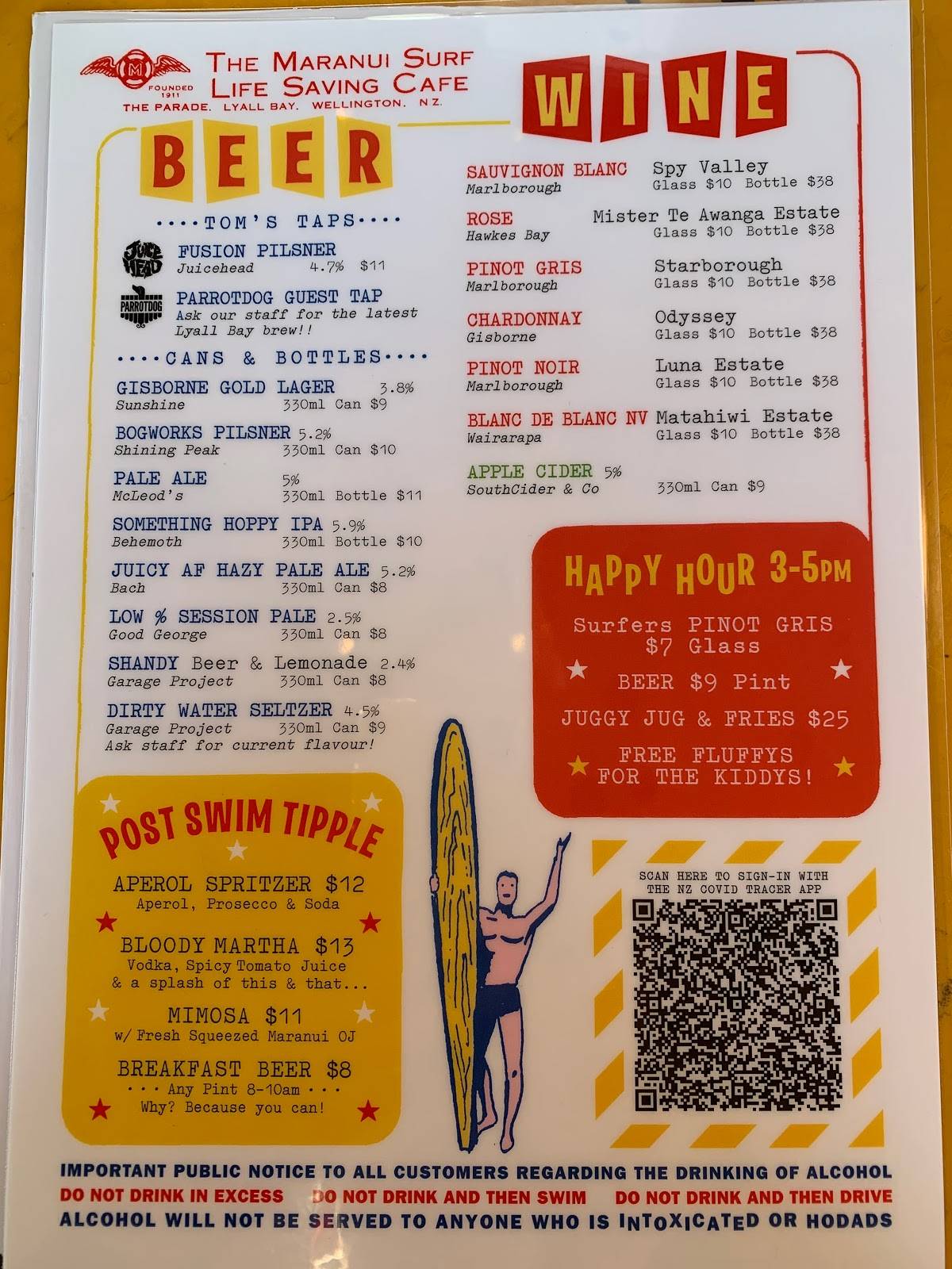 Menu at Maranui Cafe, Wellington
