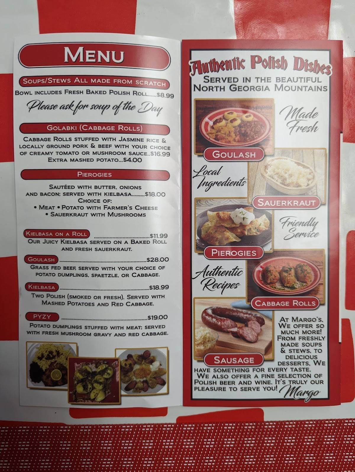 Menu at Margo's Gourmet Polish Kitchen restaurant, Blue Ridge