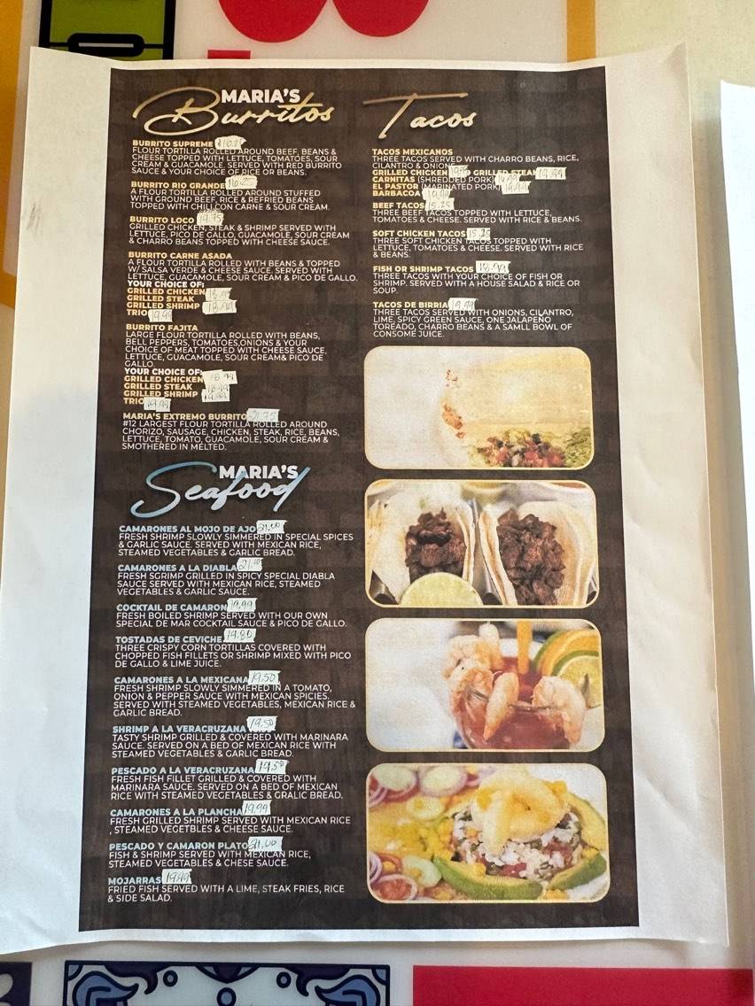 Menu at Maria's Cocina Mexicana restaurant, Sulphur