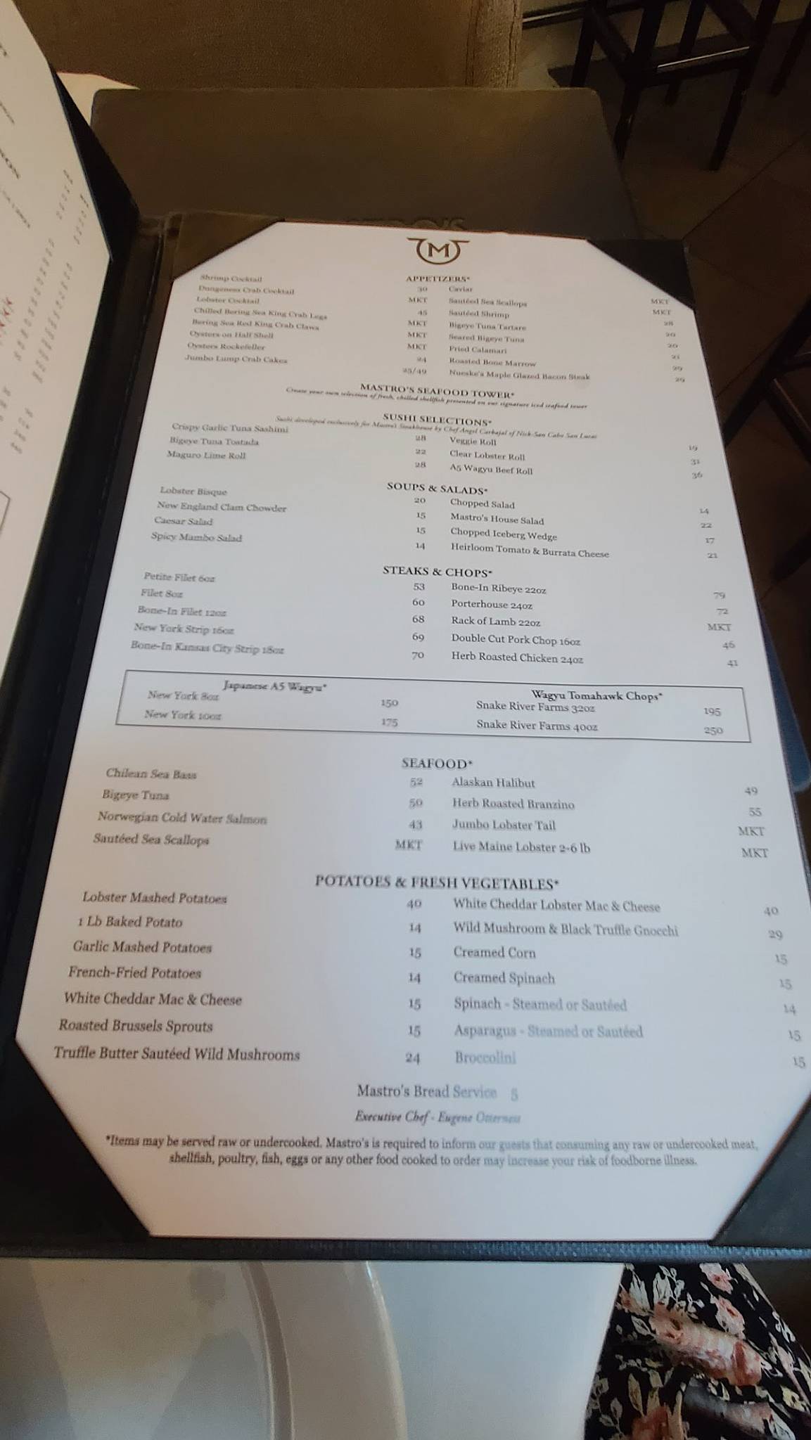 Menu at Mastro's Ocean Club, Las Vegas