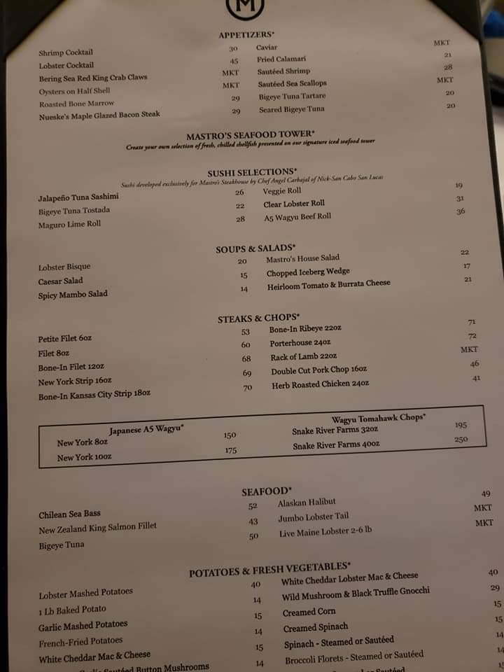 Menu at Mastro's Ocean Club, Las Vegas