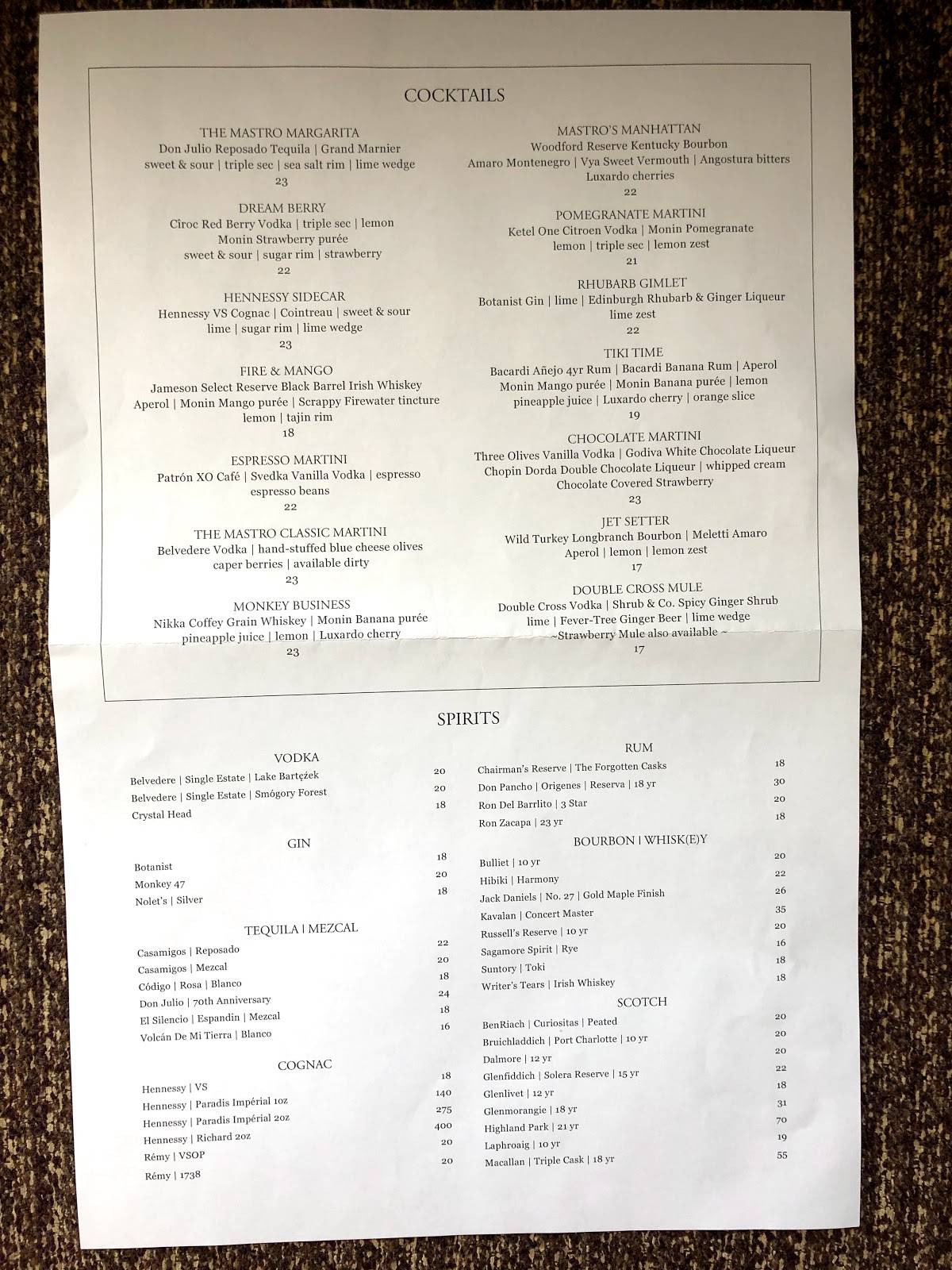 Menu at Mastro's Ocean Club, Las Vegas