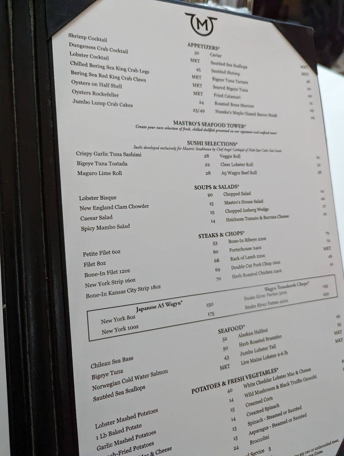 Menu at Mastro's Ocean Club, Las Vegas