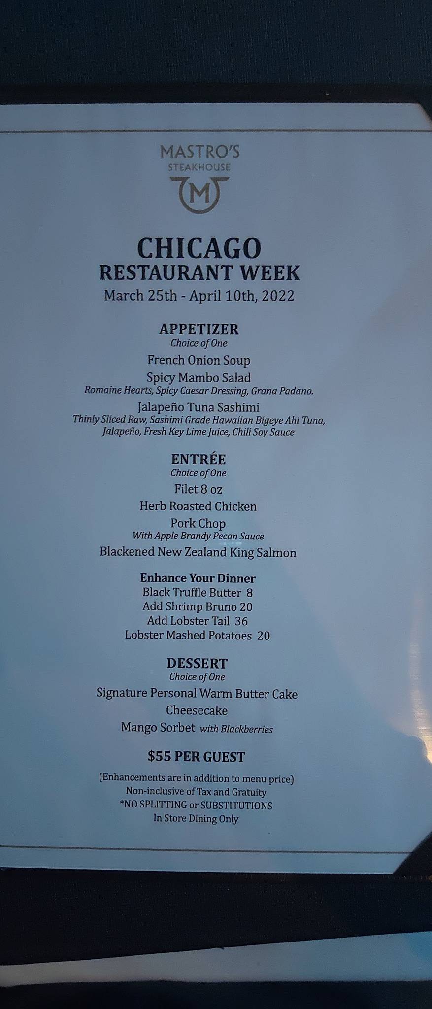 Menu at Mastro's Steakhouse, Chicago