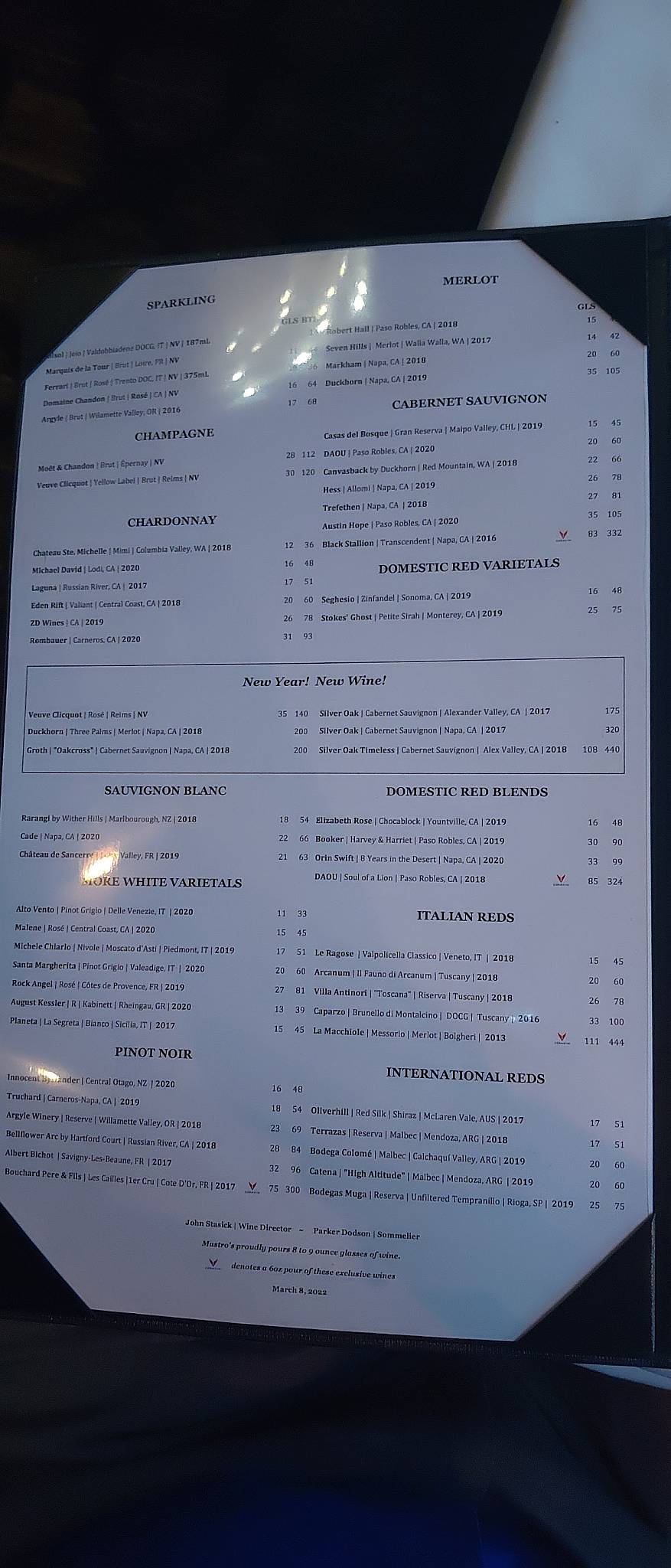 Menu at Mastro's Steakhouse, Chicago