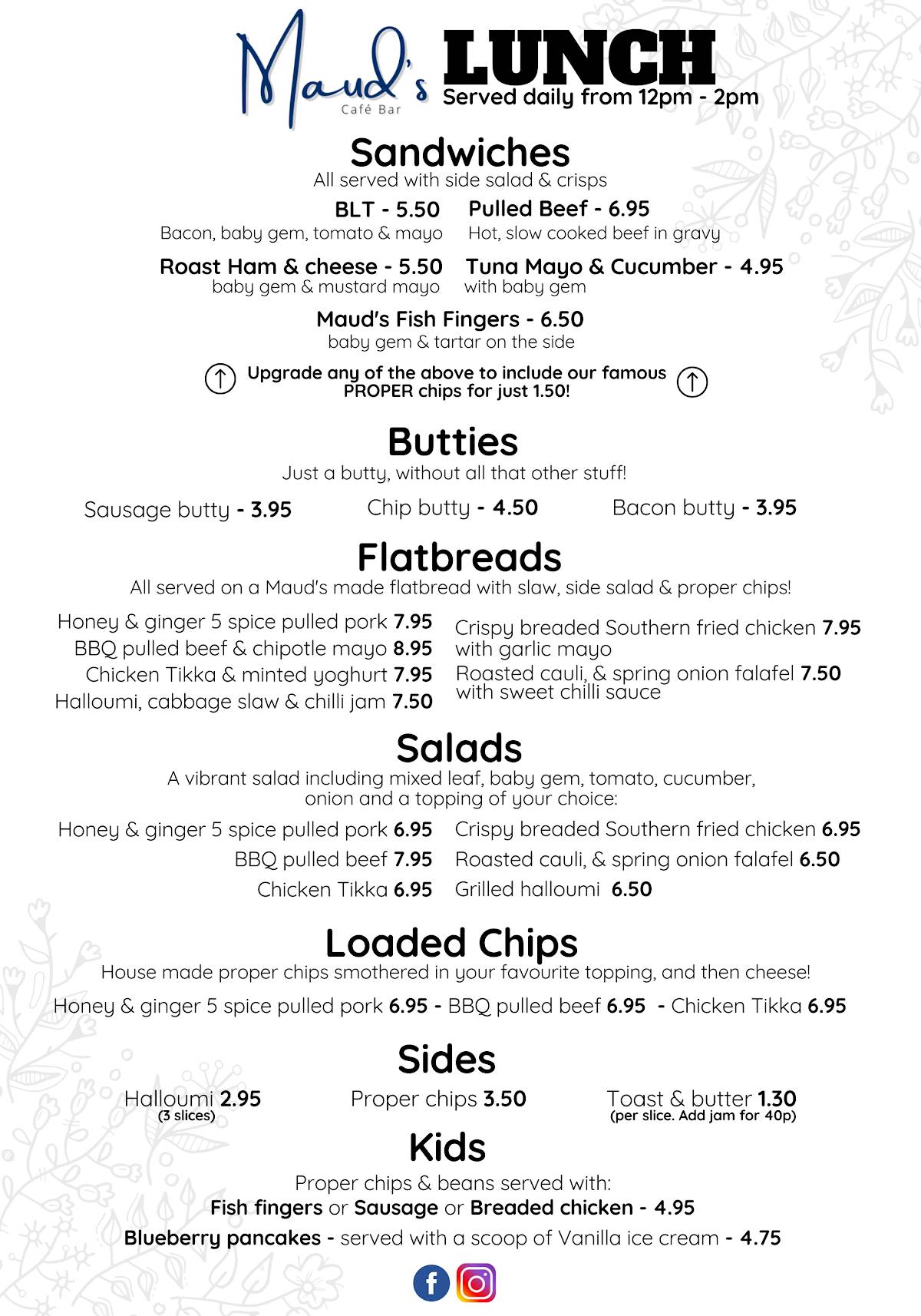 Menu at Mauds Cafe of Pontefract, Pontefract