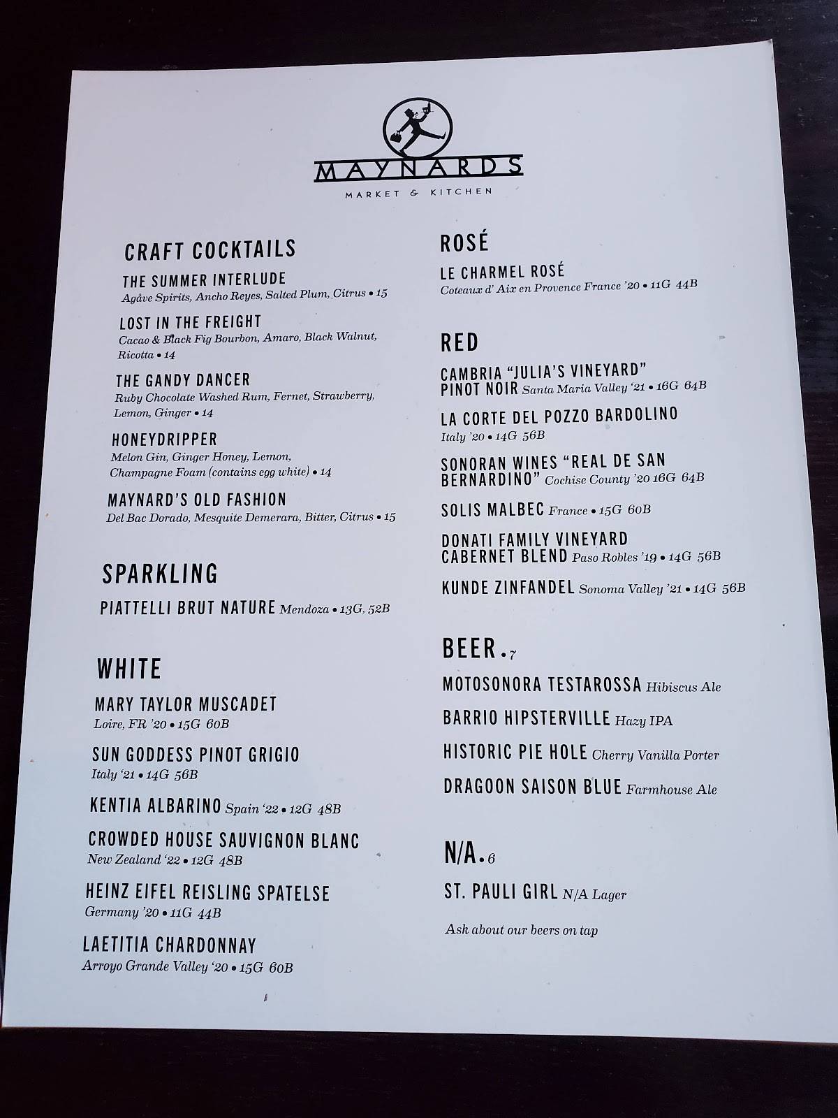 Menu at Maynards Kitchen & Bottle Shop restaurant, Tucson
